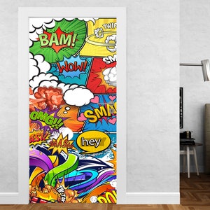 Comic Book Style Door Sticker, Peel & Stick Vinyl Door Wrap, Fun Art ...