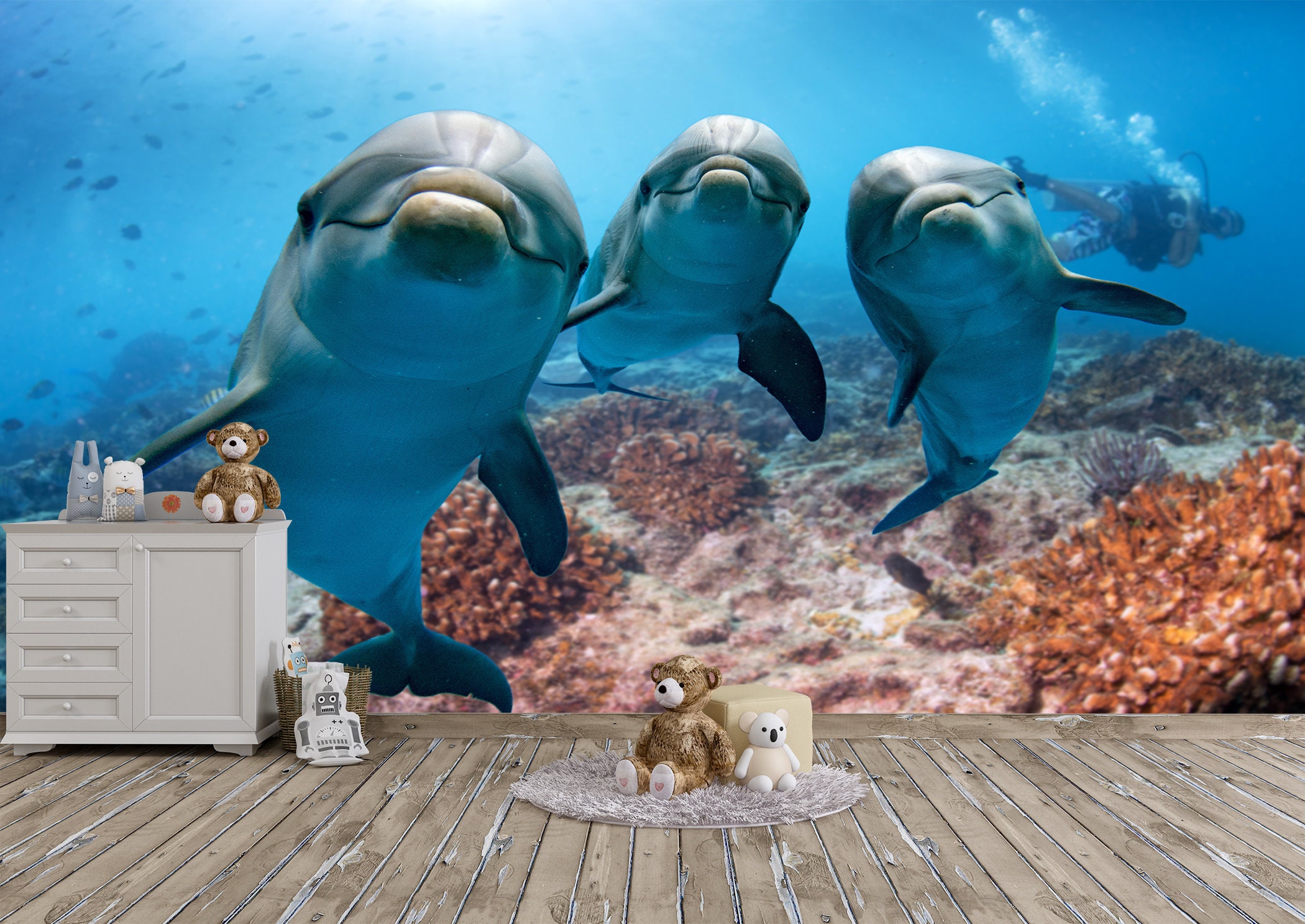 Happy Dolphins Underwater Wall Mural Photo Wallpaper UV Print | Etsy