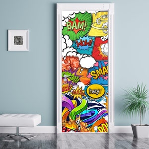 Comic Book Style Door Sticker, Peel & Stick Vinyl Door Wrap, Fun Art ...