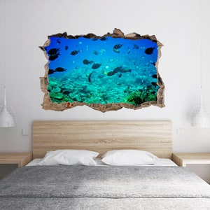 Wall Sticker Underwater Life of Fish 3D Hole in the Wall Effect Decal ...