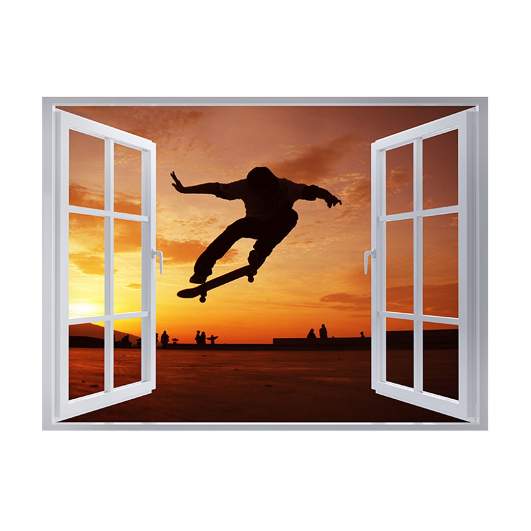 Wall Sticker Skateboard Jump in Sunset 3D Window Effect Art Decal Mural ...