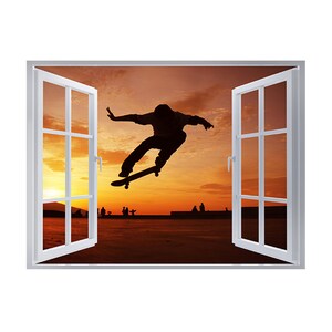 Wall Sticker Skateboard Jump in Sunset 3D Window Effect Art Decal Mural ...