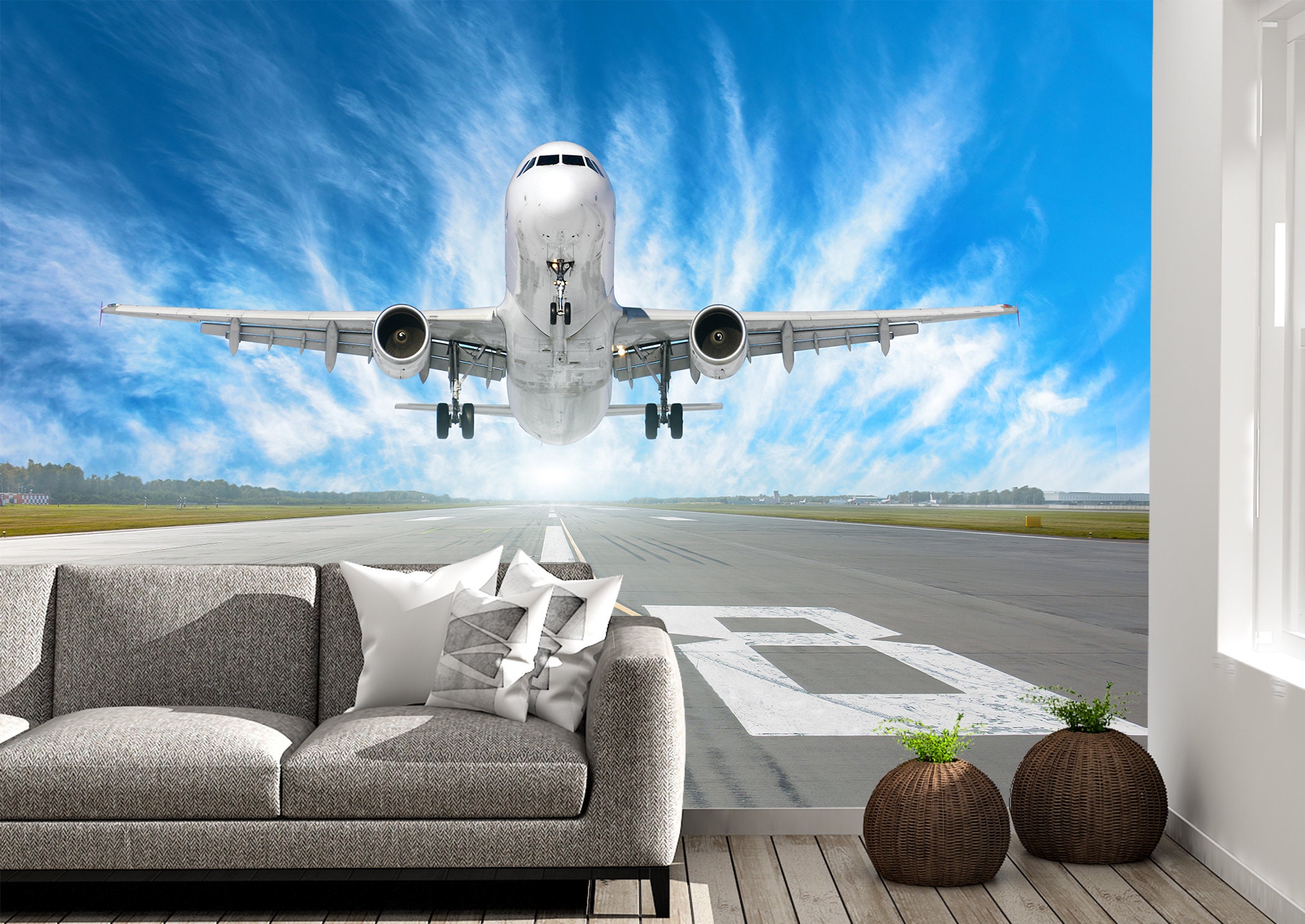 Runway and Airplane Theme Wall Mural Photo Wallpaper UV Print | Etsy