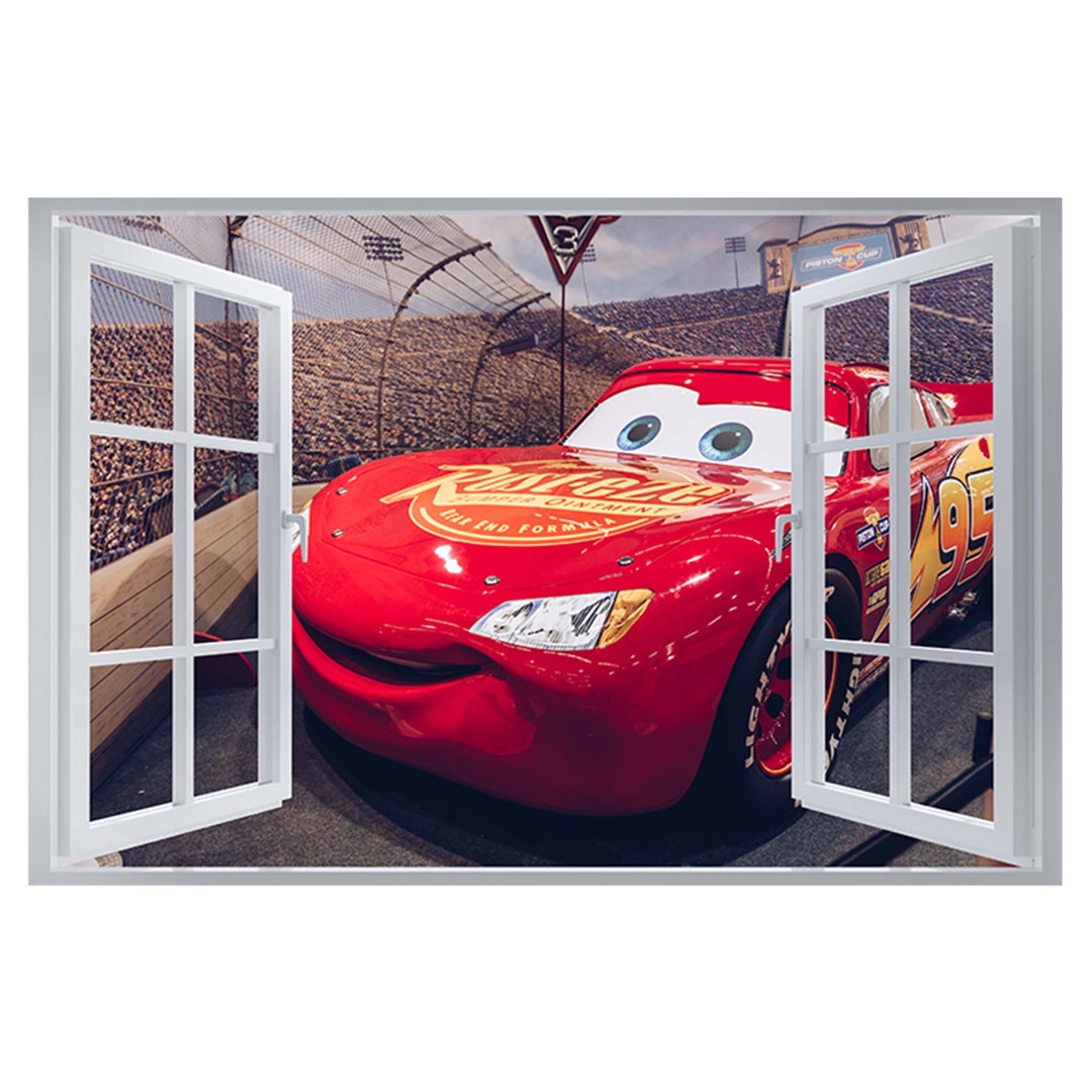 Wall Sticker Lightning Mcqueen & Crowd 3D Window Effect Self Adhesive ...