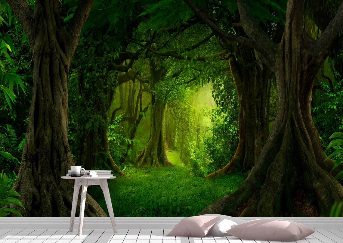 Green Forest Wall Mural Wallpaper Wall Art Peel & Stick Self | Etsy