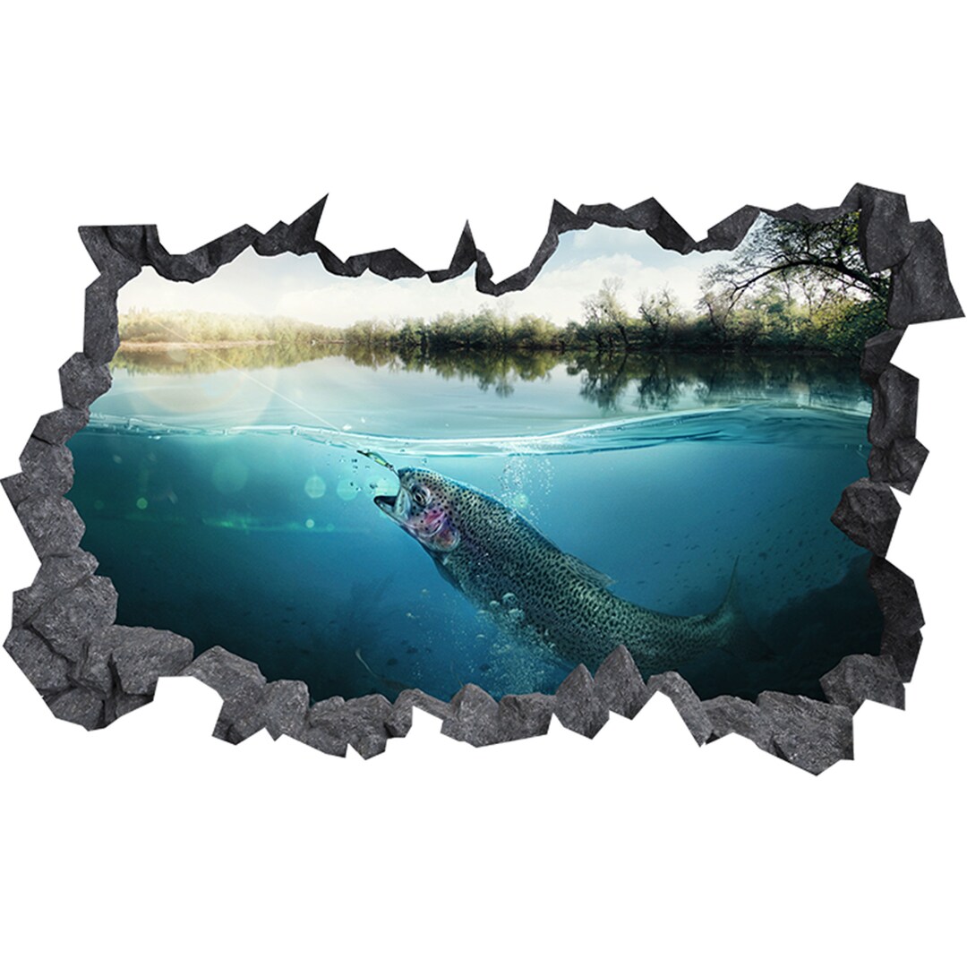 Wall Sticker Fish in River Fishing Hobby 3D Hole in the Wall C Effect ...