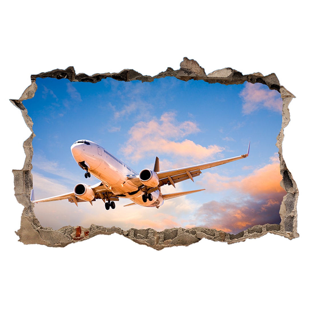 Autocollant mural Avion passager dans le ciel Trou 3D dans leffet mural ...