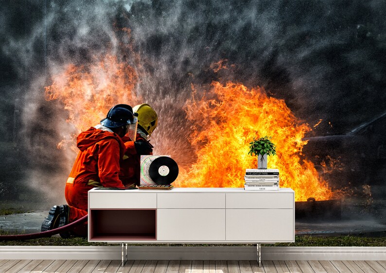 Fireman Fight Fire View Wall Mural Photo Wallpaper UV Print - Etsy
