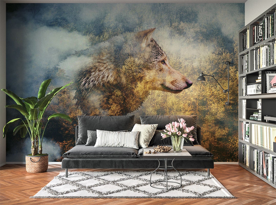 Wolf on Forest Theme Wall Mural Photo Wallpaper UV Print Decal - Etsy