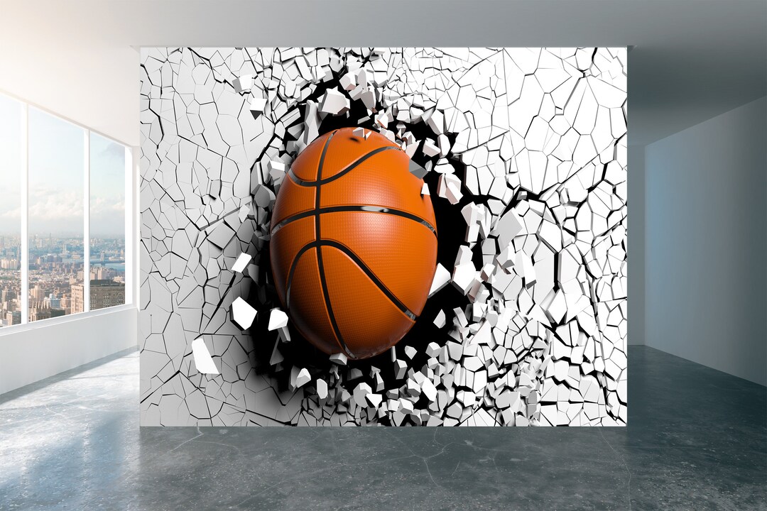 Basketball in Cracked Wall Wall Mural Wallpaper Wall Art Peel & Stick ...