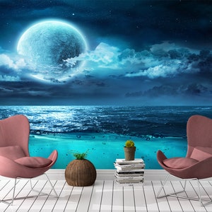 Blue Full Moon & Beach Wall Mural Photo Wallpaper UV Print Decal Art ...