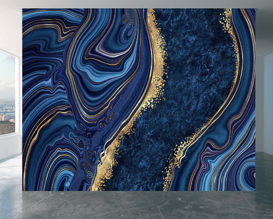 Navy Blue Marble Wallpaper Elegant Blue Marble Print, Large Wall Art ...