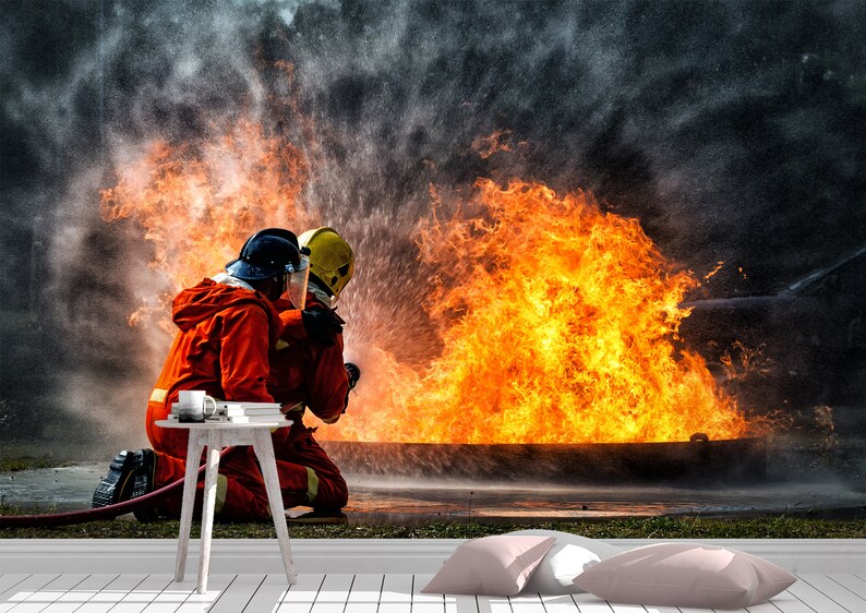 Fireman Fight Fire View Wall Mural Photo Wallpaper UV Print - Etsy