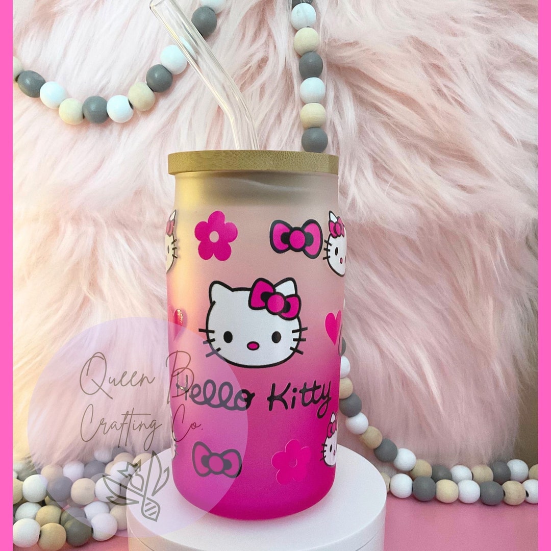Kawaii 16 Oz Kitty Cup, Pink Ombre Cup, Cute Kitty Glass Cup, 16oz ...