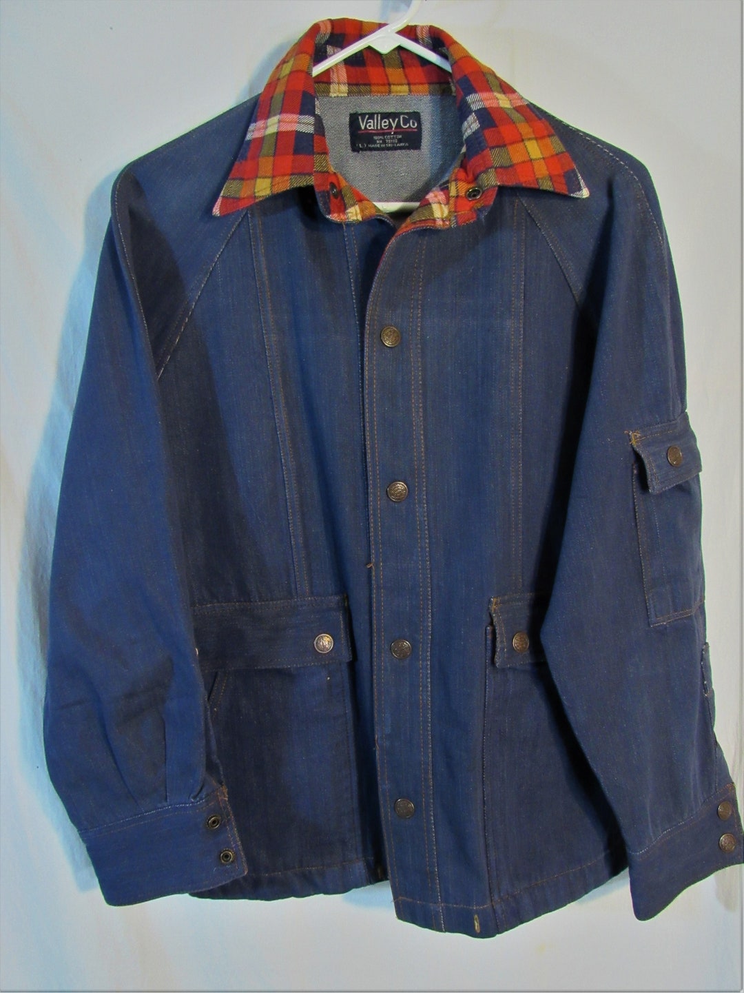 Vintage 1980s Valley Co Medium Wash Denim Snap Jacket Plaid Flannel ...