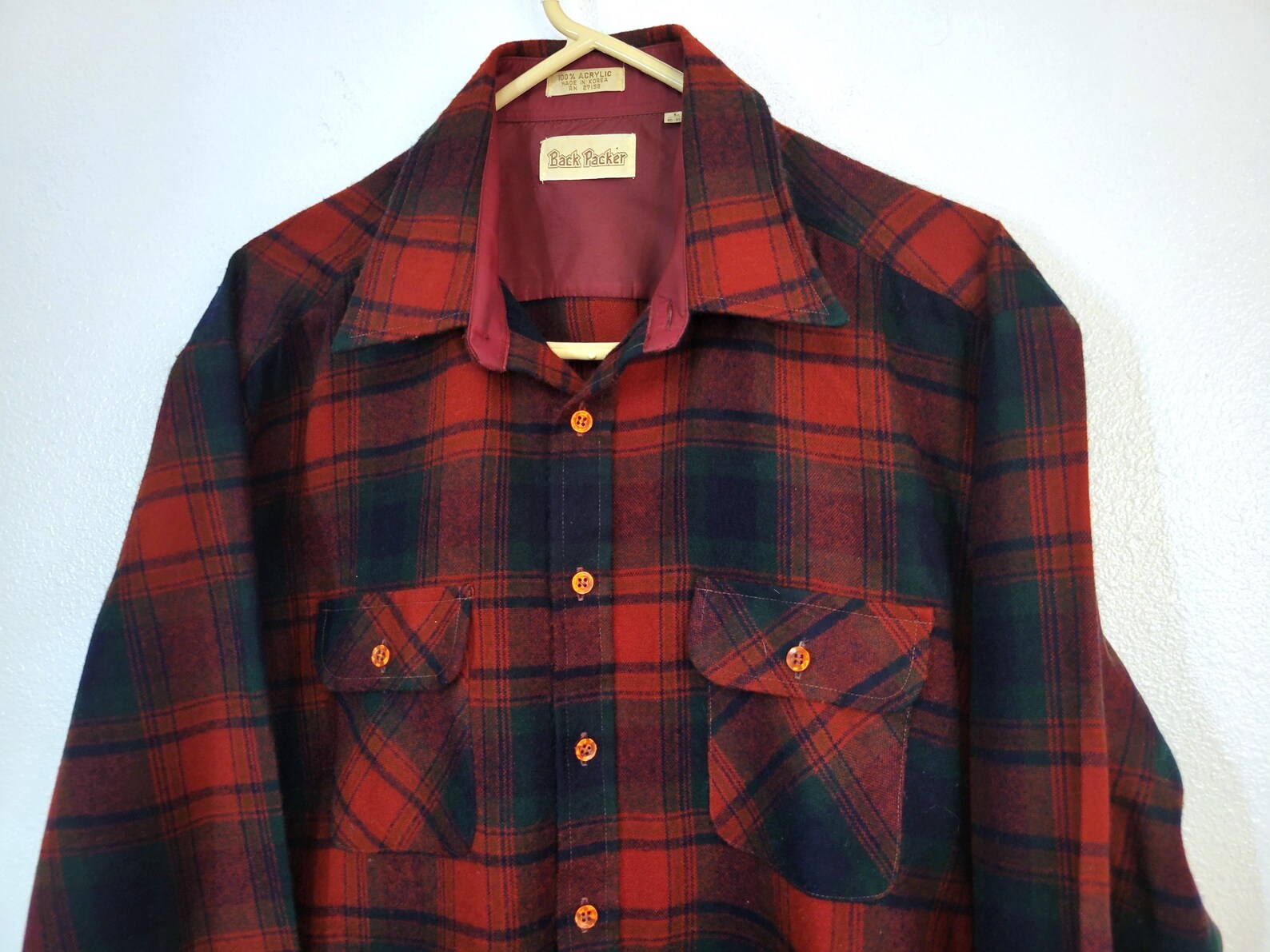 Vintage 1970s Back Packer Red/blue/green Plaid Pointy Collar Acrylic ...