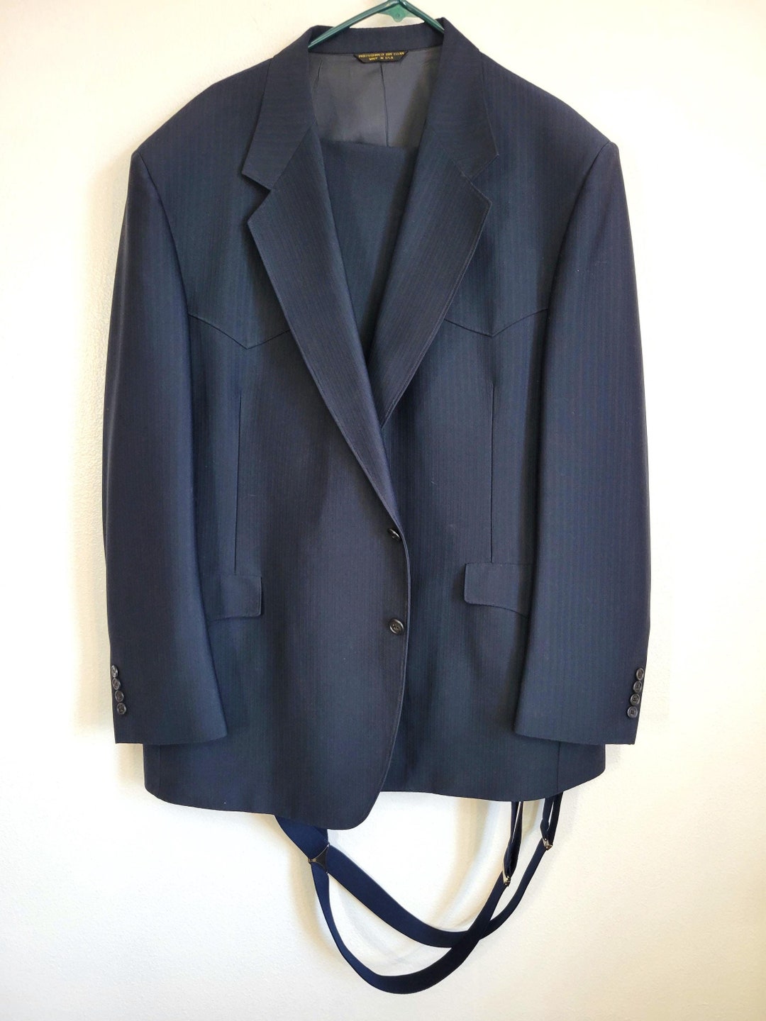 Vintage 1980s Warren Sewell Western Dark Blue Polyester Striated Stripe ...
