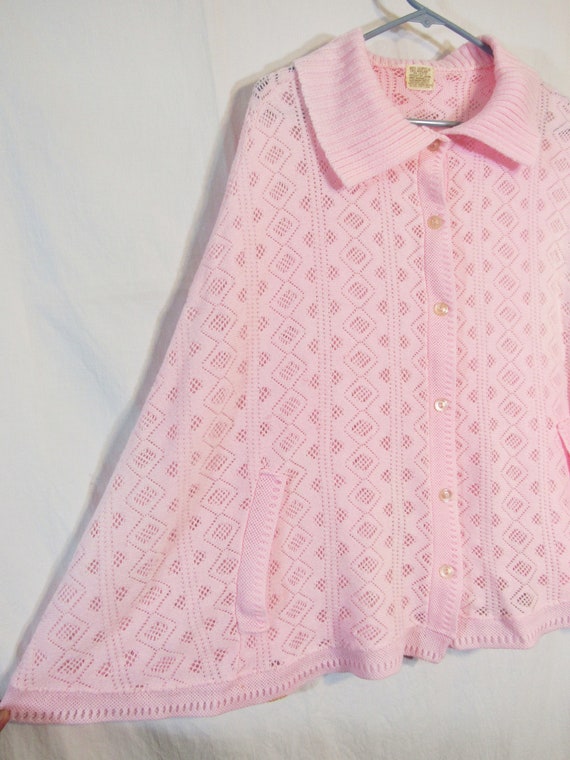 Pink! 1970s Vintage Morsly Lace Openwork Shawl Poncho… - Gem