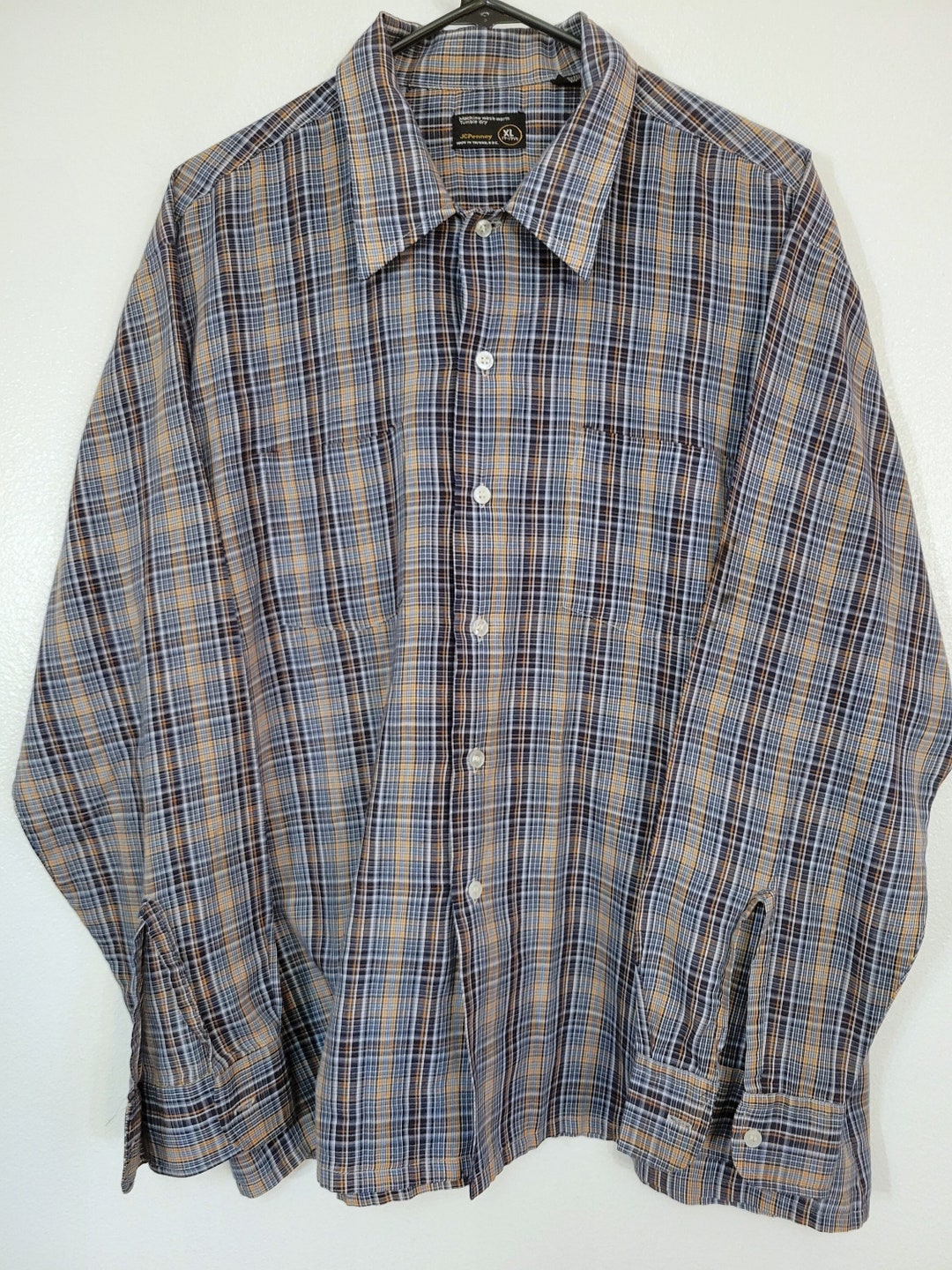 Vintage 1980s Jcpenney Blue/tan Plaid Lightweight Poly/cotton Long Sleeve Shirt Men's XL Chest ...