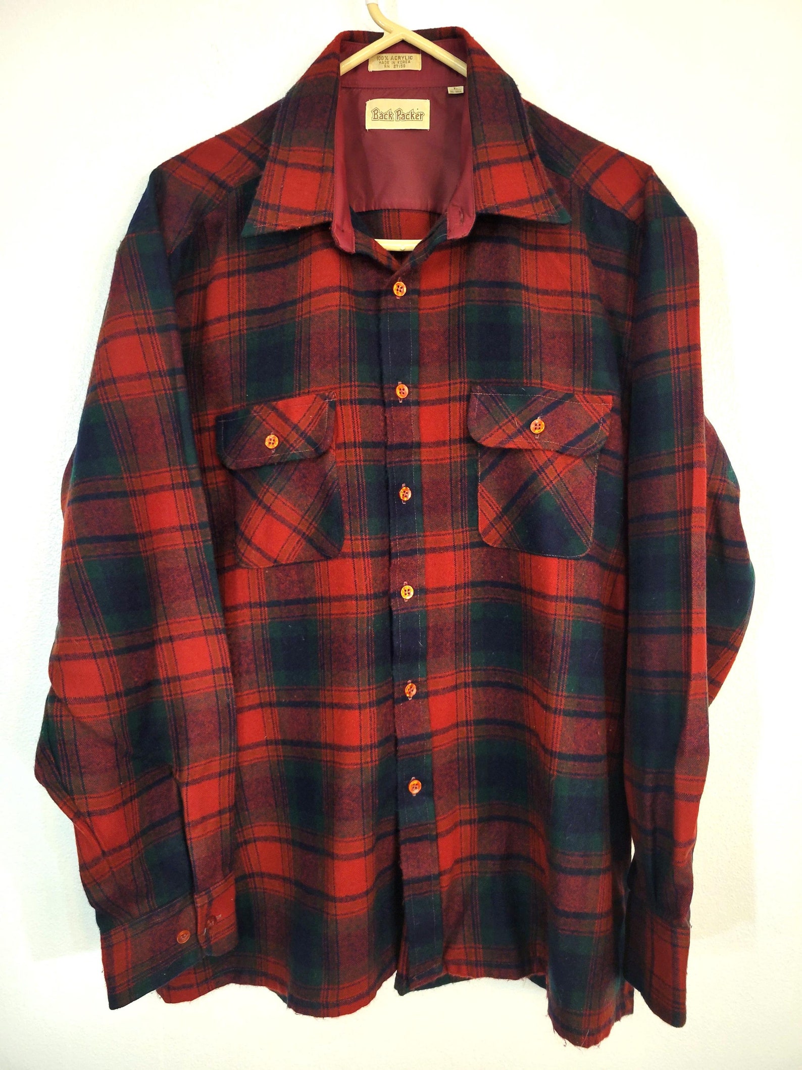 Vintage 1970s Back Packer Red/blue/green Plaid Pointy Collar Acrylic ...