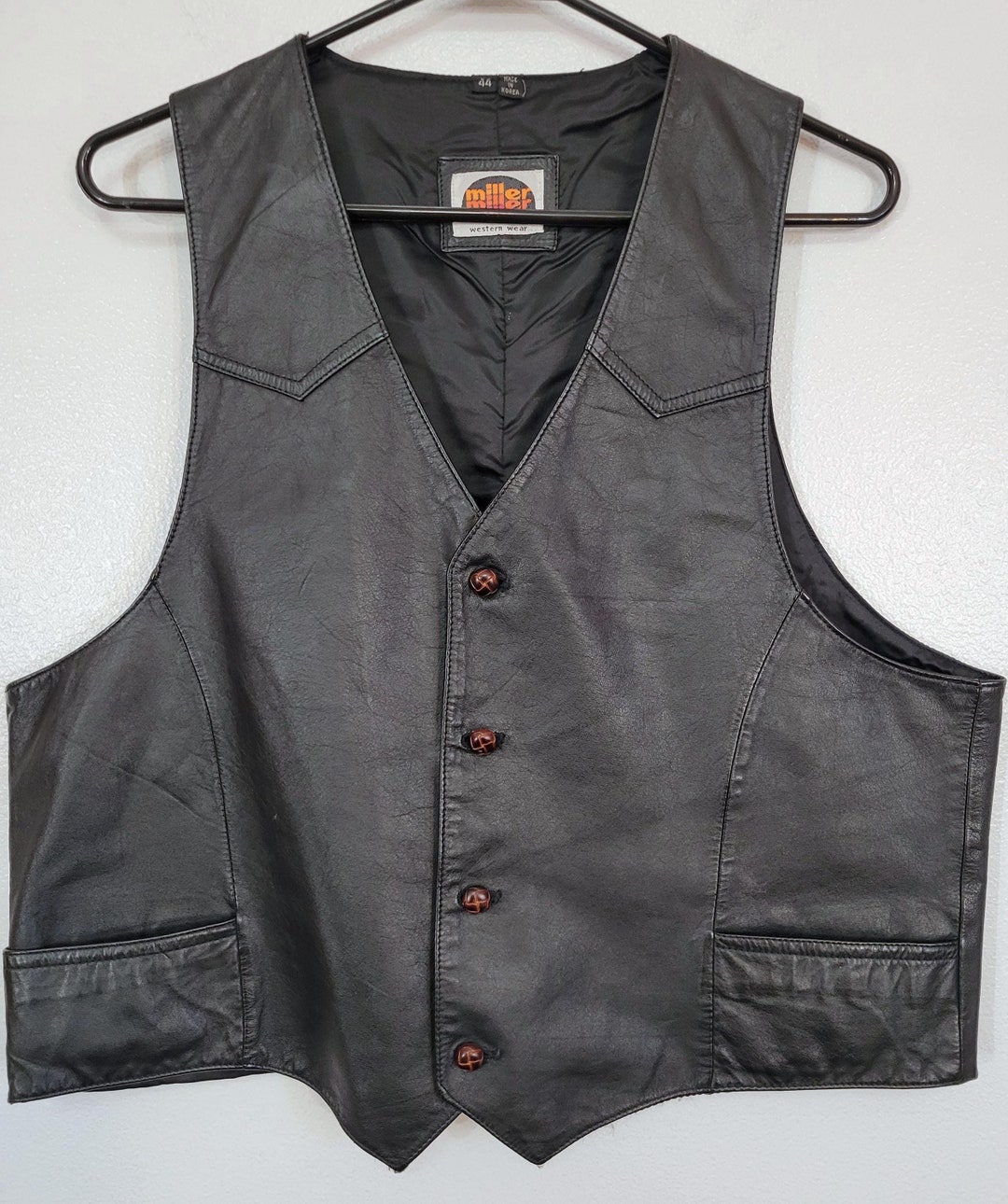 Vintage 1980s Miller Western Wear Black Leather Button Front Vest Men's ...