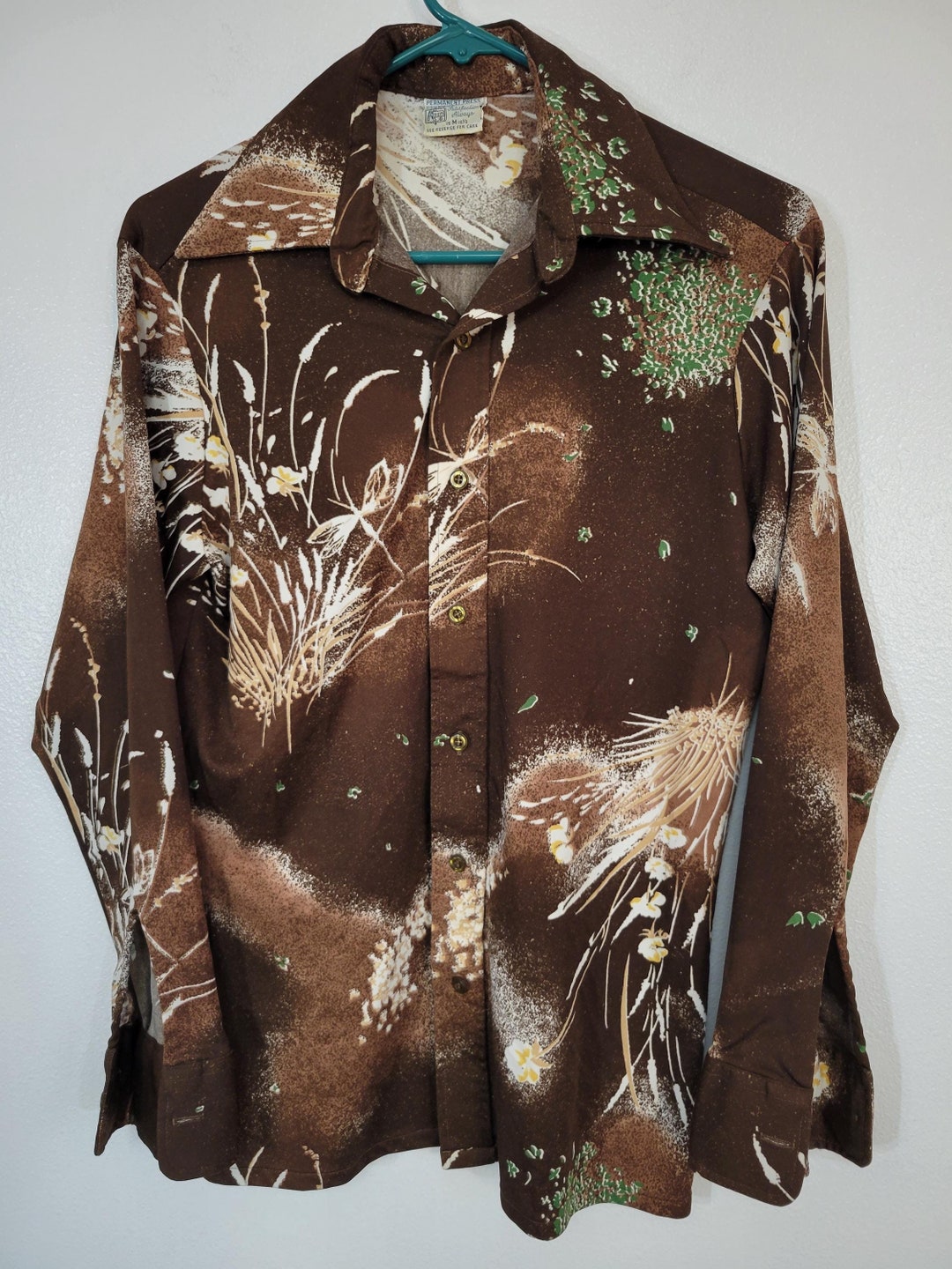Disco Vintage 1970s Kmart Brown Ultressa Dacron Polyester Knit Plant Print Pointy Collar Disco ...