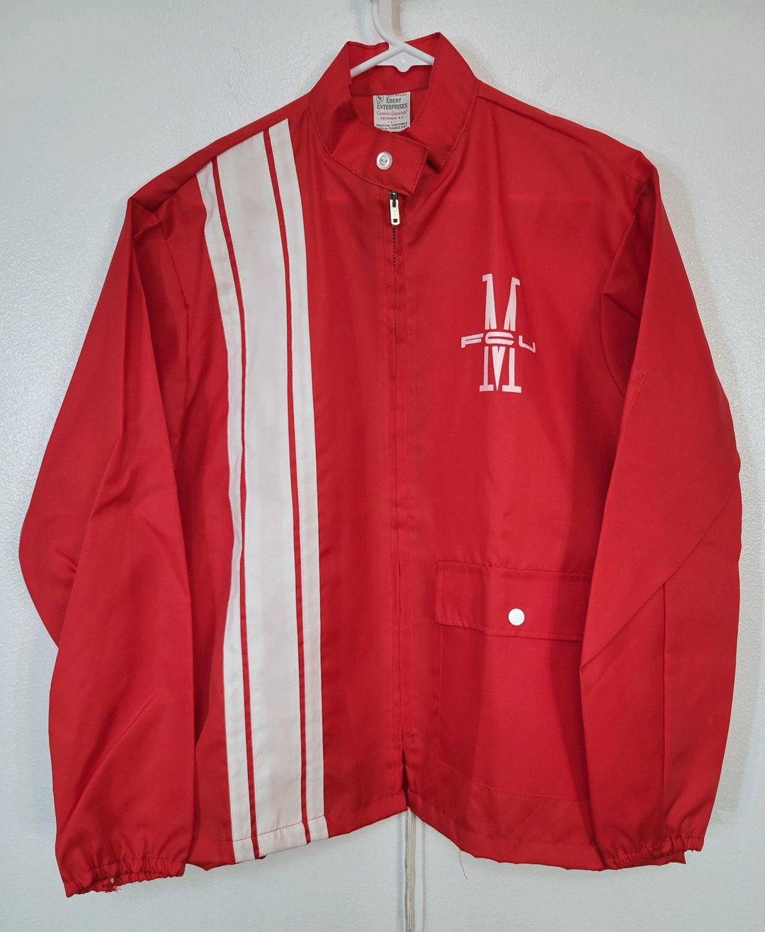Vintage 1970s Red Nylon "m Fcu" Logo Unlined Nylon Windbreaker Jacket Men's L Ebert Enterprises ...
