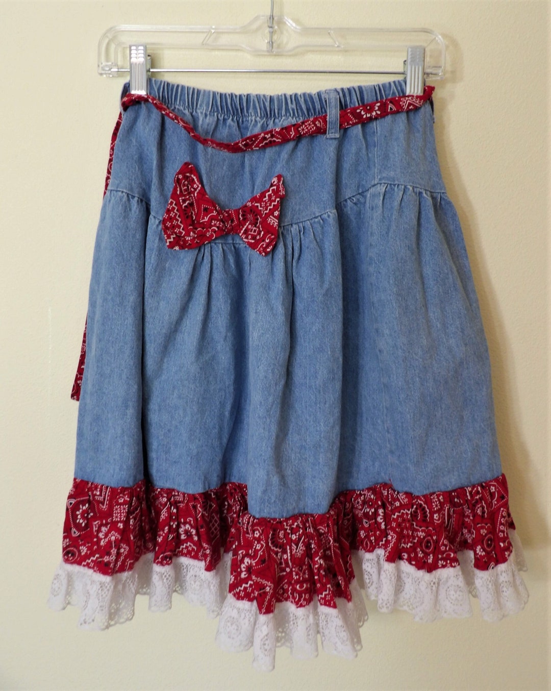Vintage 80's Bum Wraps Cotton Denim Ruffled Bandana Trim Lace Skirt ...