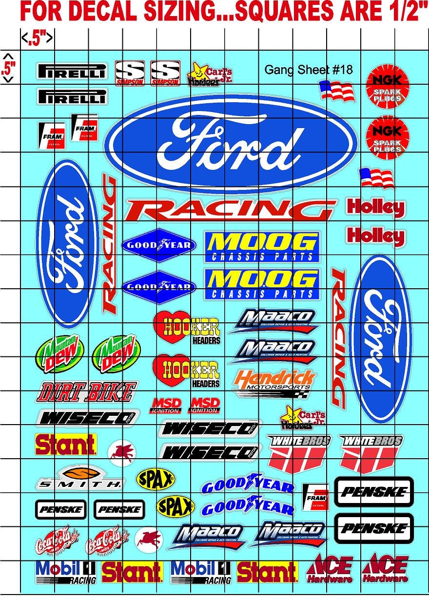 Ford Clear Vinyl U/V (6"x 8") Sticker Sheet for 1/10-1/12 Scale R/c ...
