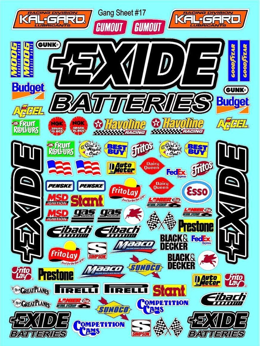 WHITE Vinyl Sticker Sheet 17-EXIDE-R/C MODEL Decal Fits 1/10-1/16 ...