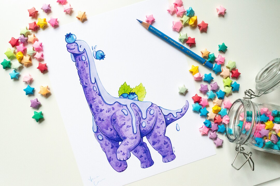 Blueberry Tallcake Art Print Dessert Dino Watercolor Matte Artwork ...