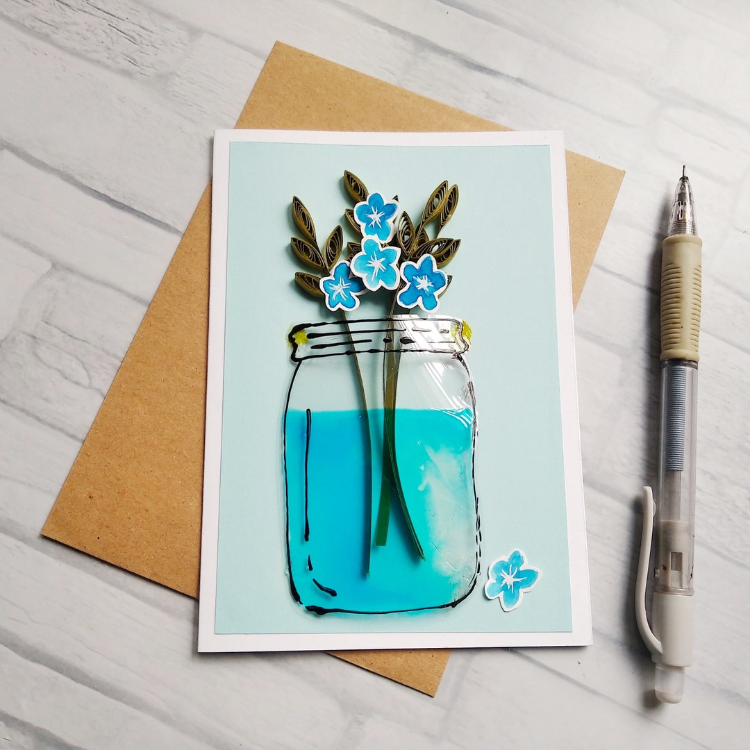 Glass Jar With Leaves Card With 3D Paper Quilling Leaves Original Art ...