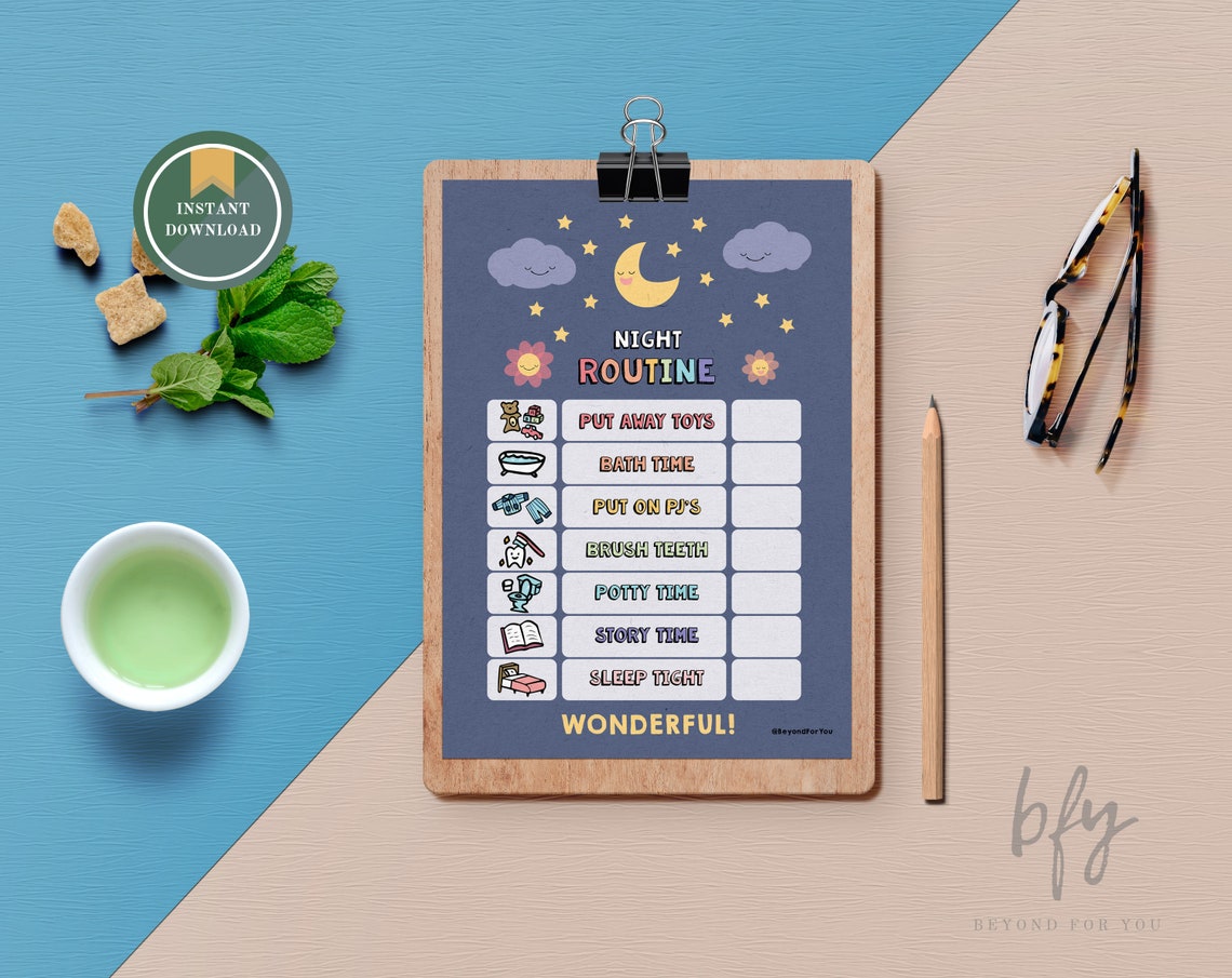 Night Routine Checklist Printable Child Responsibility Chart, for Kids ...