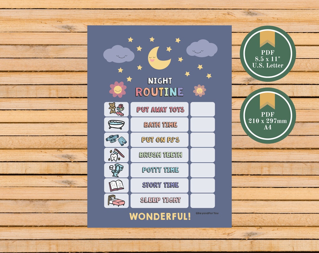 Night Routine Checklist Printable Child Responsibility Chart, for Kids ...