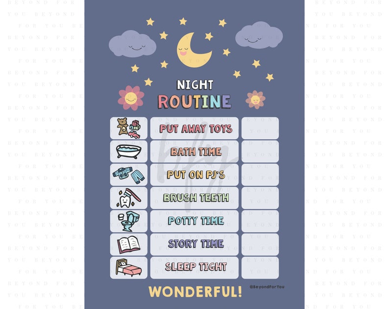 Night Routine Checklist Printable Child Responsibility Chart, for Kids ...
