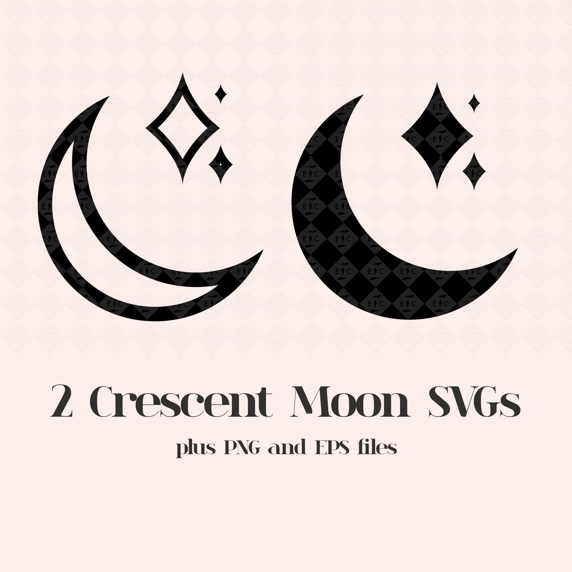 2 Crescent Moon with Stars SVGs, Moon Phase Cut File, Moon Vector ...
