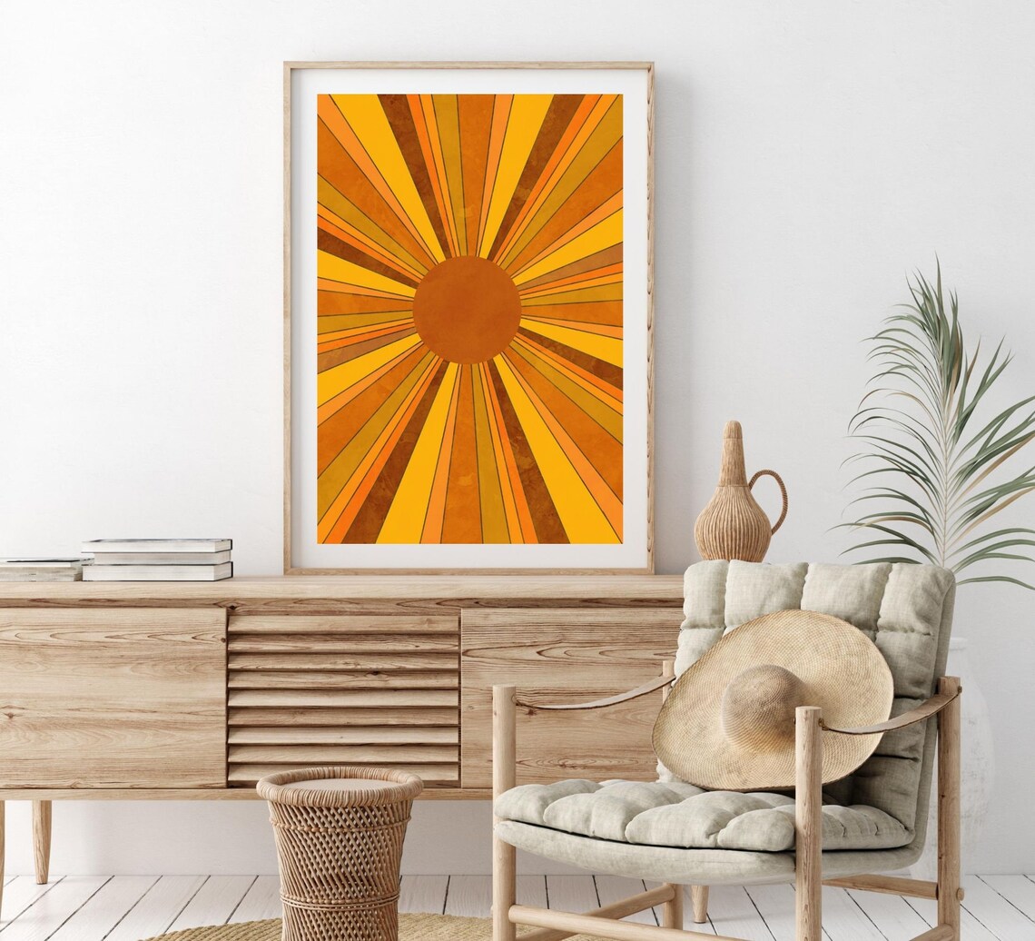 Boho Sun Print Retro 70s Print Bursting Sun Wall Art - Etsy