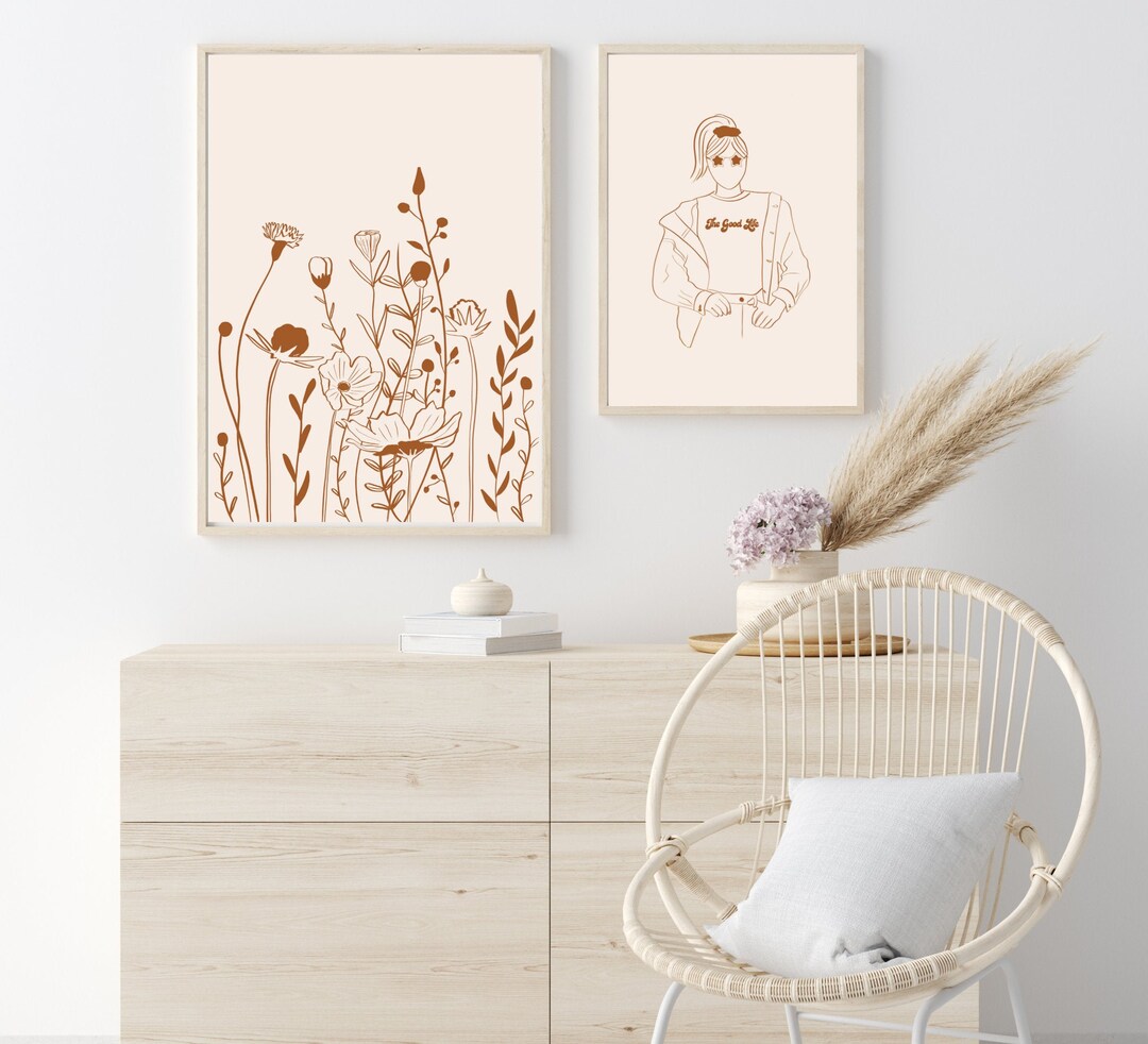 Boho Set of Prints Girl One Line Art Flowers Art Print - Etsy