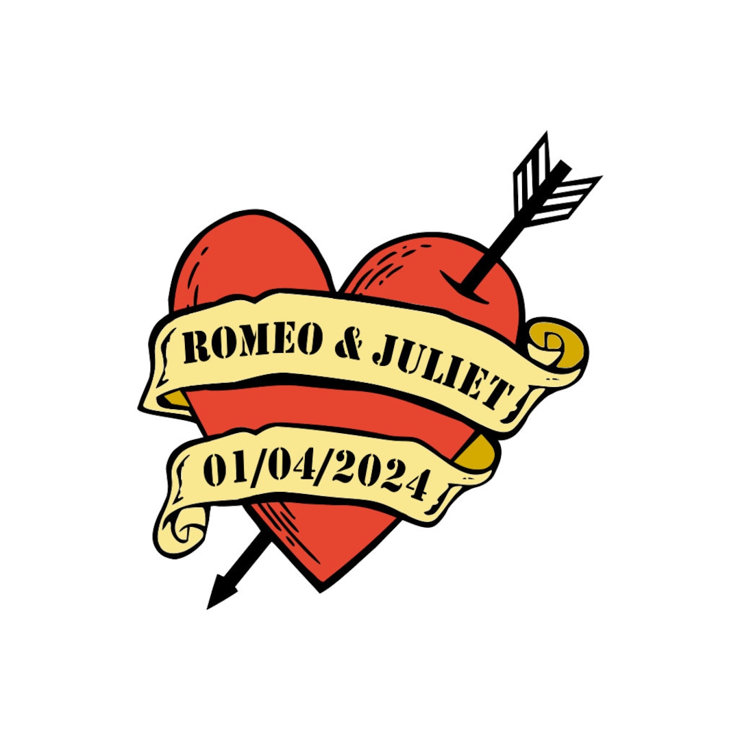 Custom Personalized Double Name Heart and Arrow Temporary Tattoo Love ...
