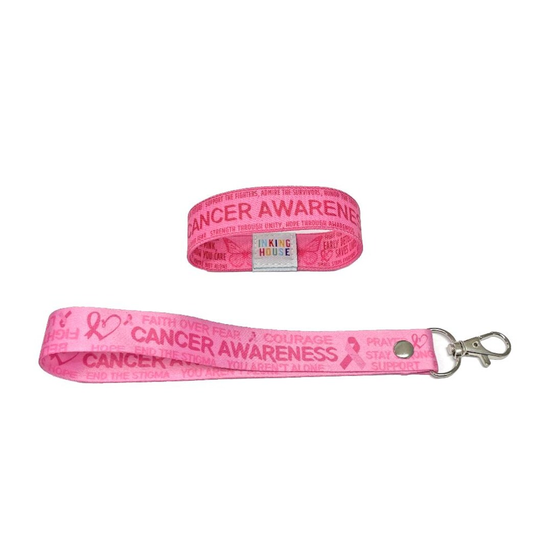 Cancer Awareness Elastic Wrist Band Wristband Key Tag Set Pink Ribbon ...