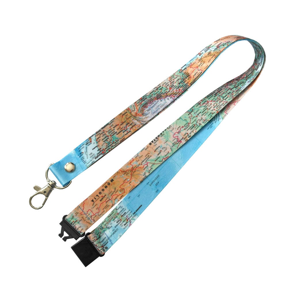 World Map Lanyard Neck Strap, ID HOLDER Safety Breakaway Clip UK Stock ...