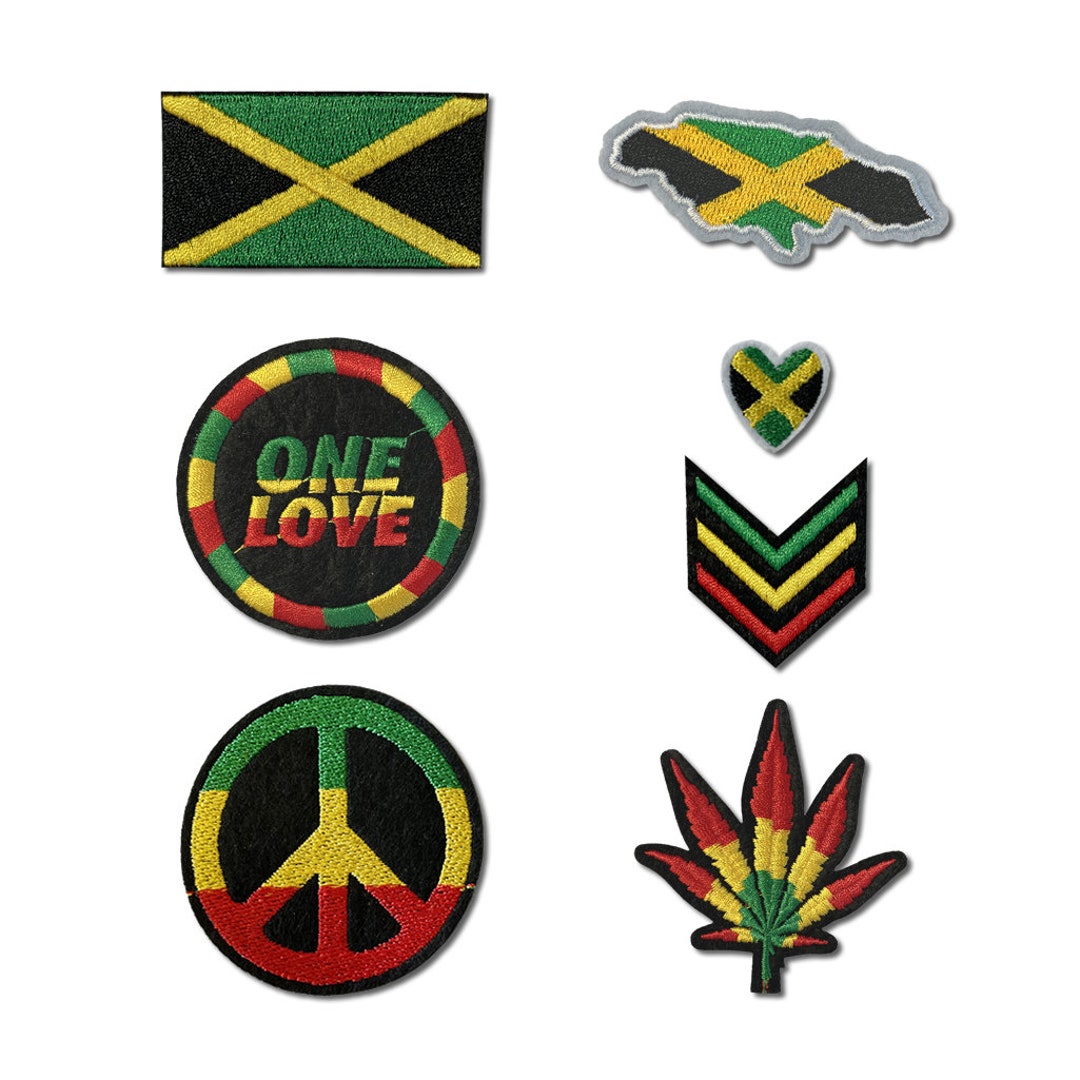 Set of 7 Jamaica Embroidery Patch Iron on or Sew on Embroidered Motif Transfer Jamaican Flag Map ...
