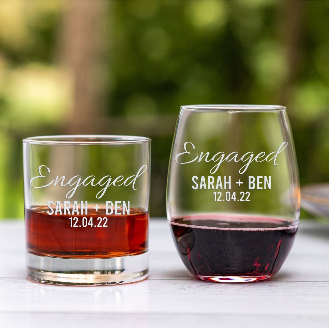 Engagement Gift Glasses. Engaged Couples Names and Date His and Hers ...