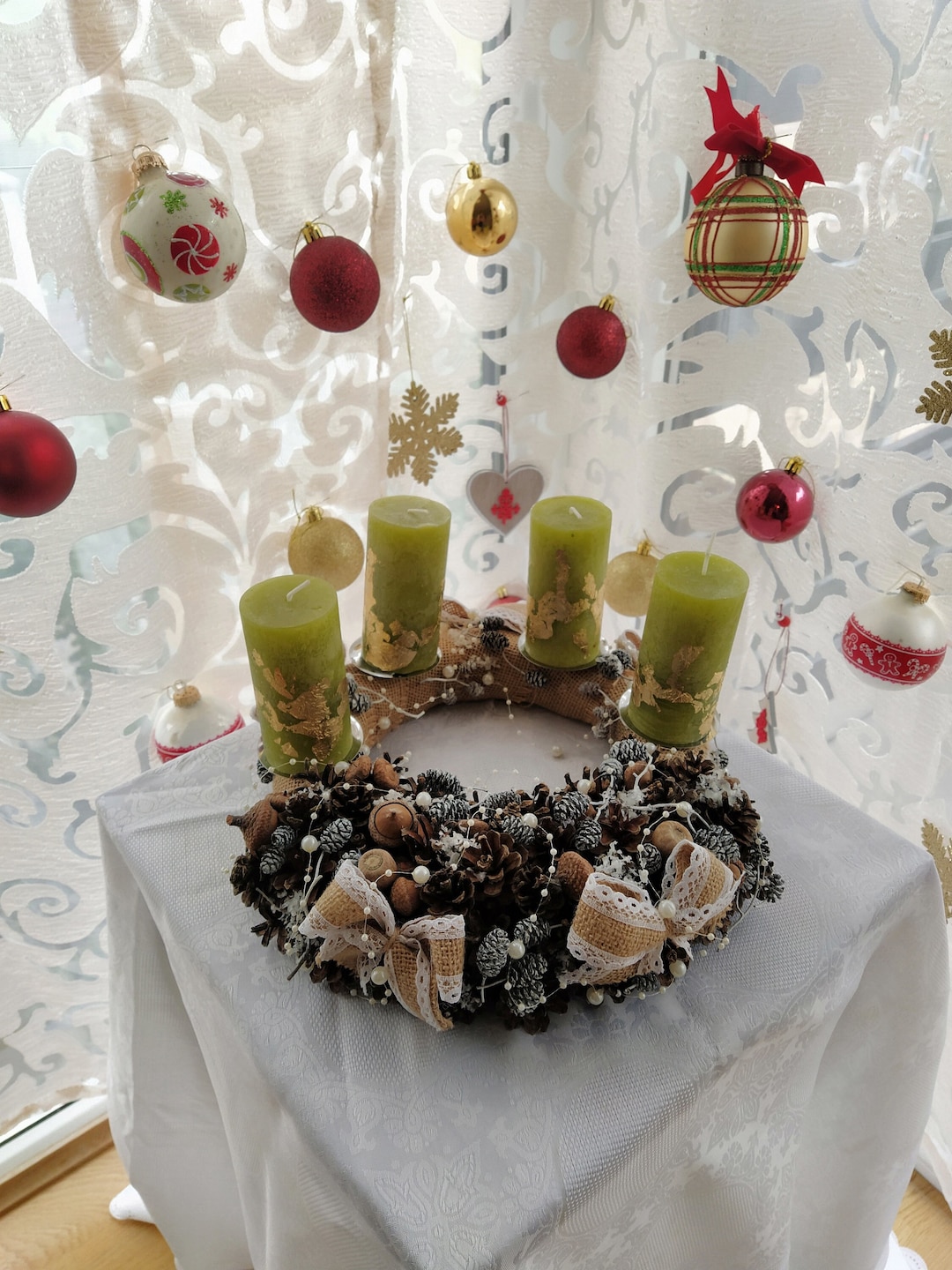 Silver Advent Wreath on a Table From Natural Materials and Decorative ...