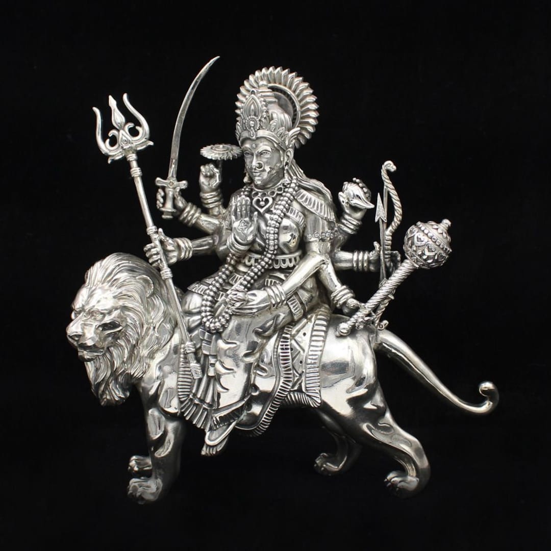 925fine Pure Silver Durga Maa Idol Sitting on Lion Statue Parvati ...