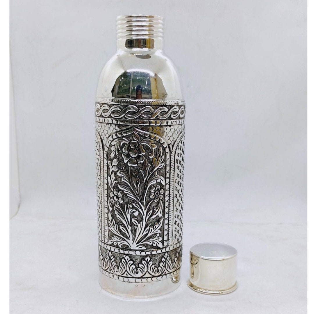 Real Silver Bottle in Fine Antique Temple Design Carvings Designer Pure ...