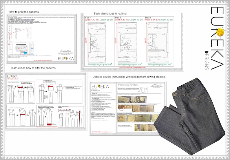Girl Jeans Denim Trousers PDF Digital Pattern Projector A0 A4 Letter ...