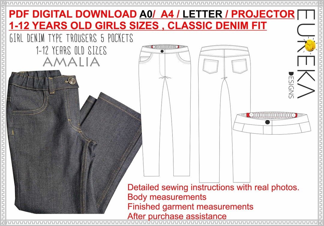 Girl Jeans Denim Trousers PDF Digital Pattern Projector A0 A4 Letter ...
