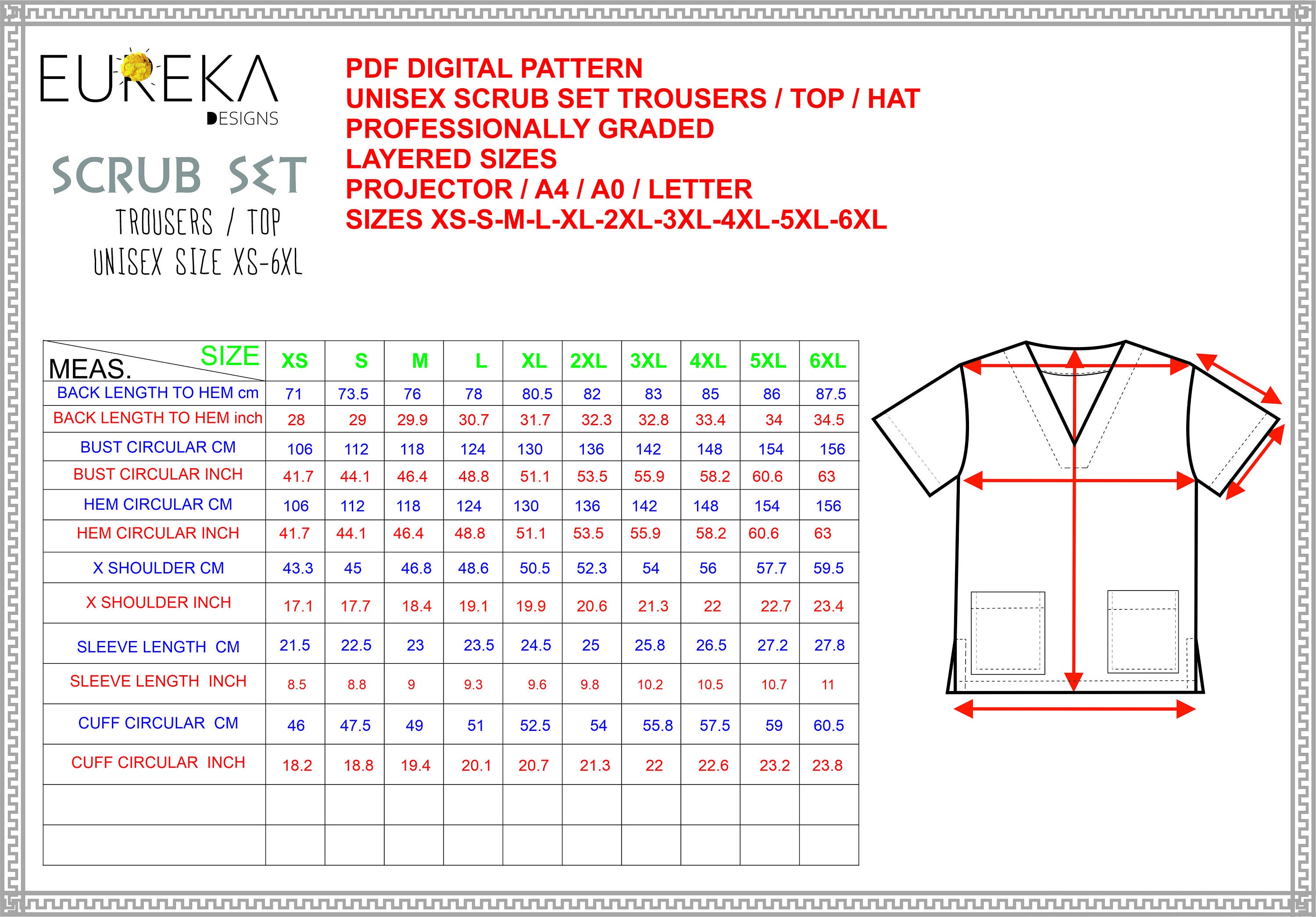 Scrub Set Top Trousers Hat Uniform PDF Digital Sewing Patterns ...