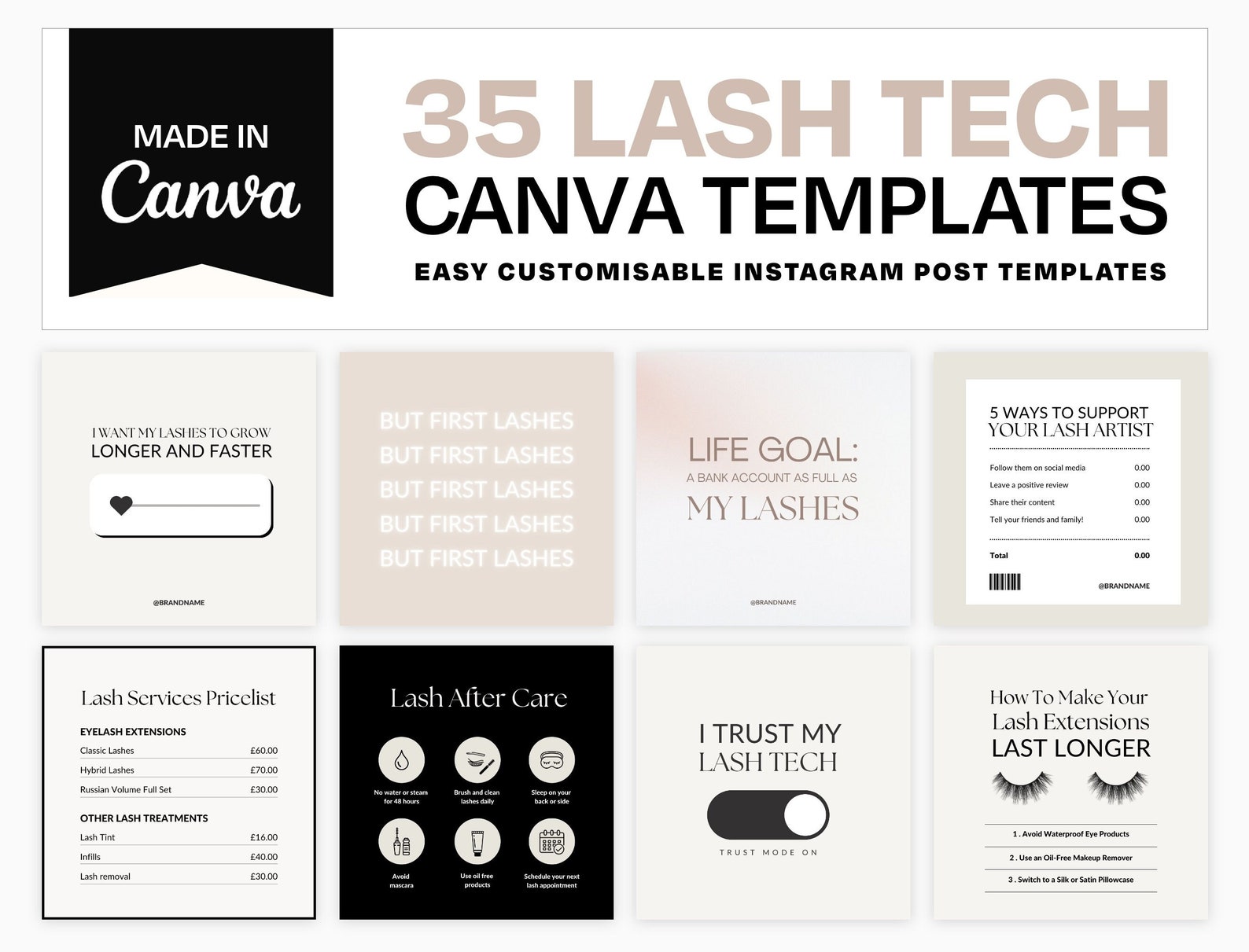 Lash Tech Instagram Posts and Quotes for Canva Lash Artist - Etsy